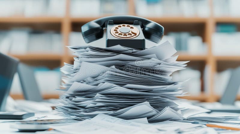 A Vintage Telephone Sits Atop a Chaotic Stack of Papers in an Office ...
