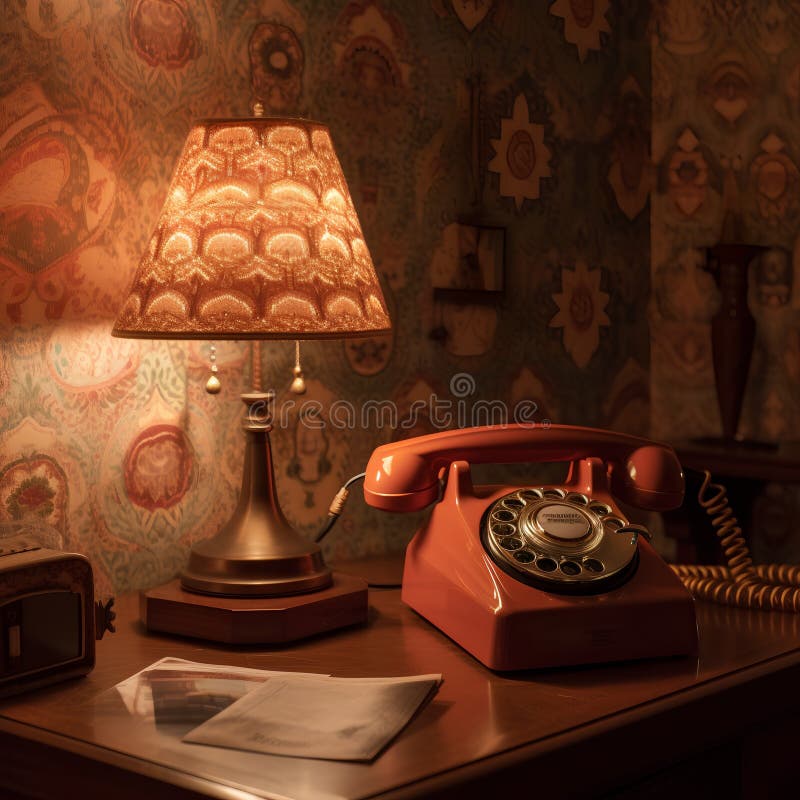 Vintage Telephone on a Table in a Room with Wallpaper and Floor Lamp ...
