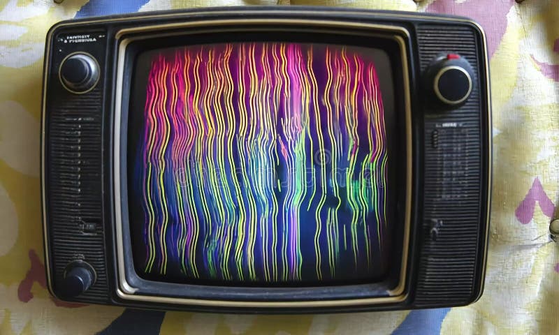 Vintage Television Displaying Colorful, Distorted Static Patterns ...
