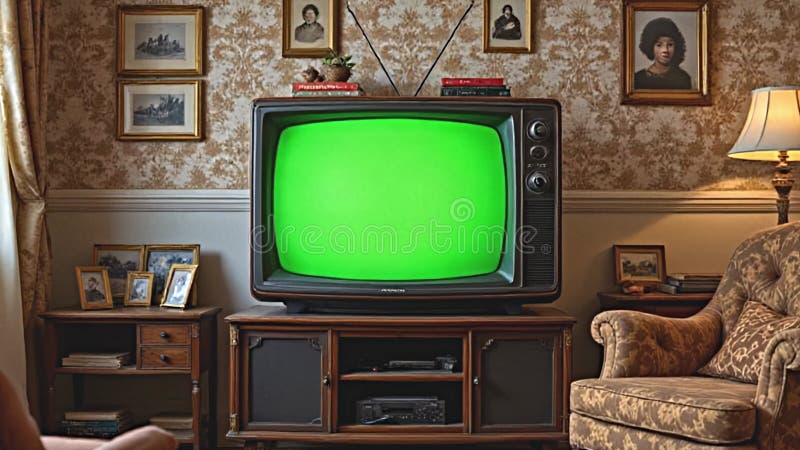 Vintage Television Displaying a Green Screen, Retro Home Setting with ...