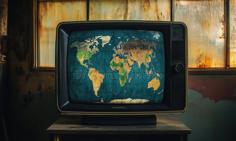 Vintage Television Displaying World Map, Retro Design, Worn-out Setting ...