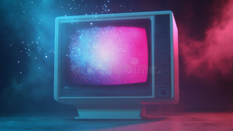 Vintage Television with Glittering Screen and Neon Lighting Stock ...