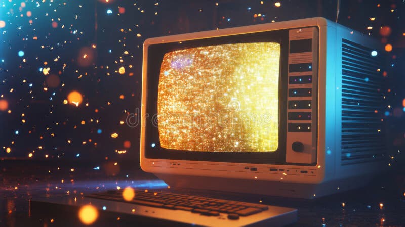 Vintage Television with Golden Static and Glittering Background Stock ...