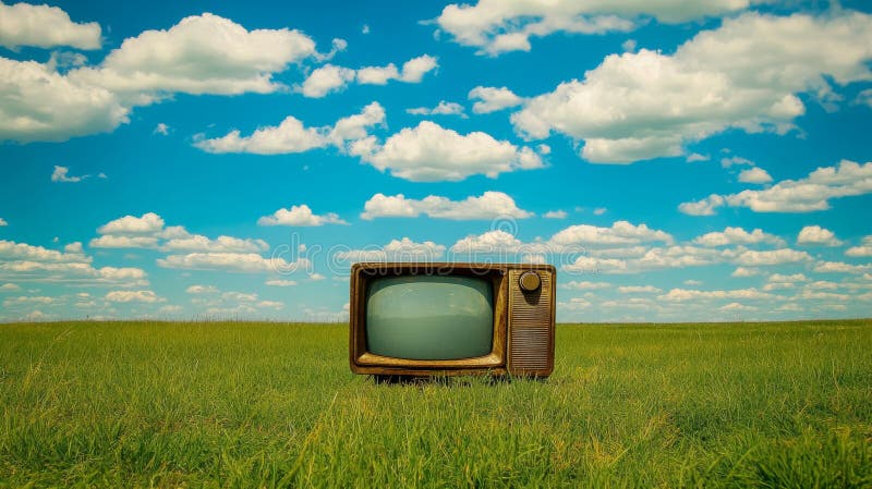 Vintage Television on Grass Field Under Blue Sky, Nostalgic Landscape ...