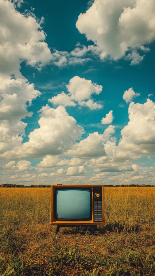 Vintage Television in a Grassy Field Under a Cloudy Sky, Nostalgic ...
