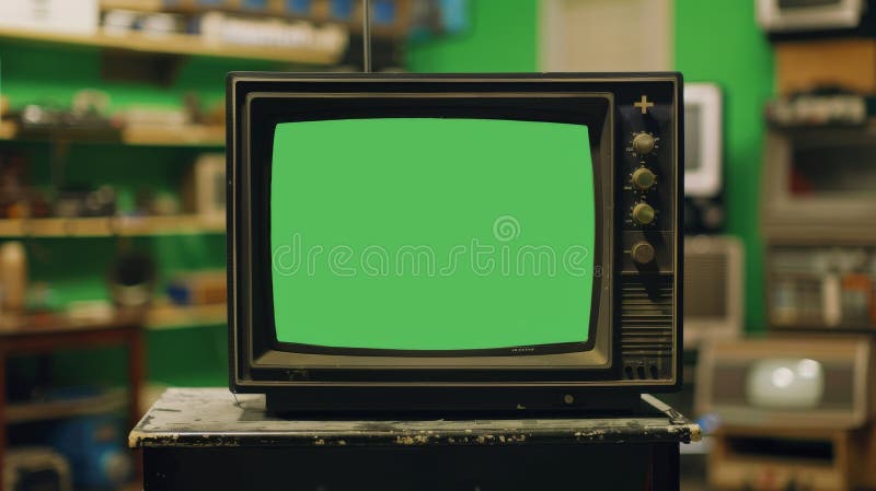 Vintage Television with Green Screen in a Retro Room, Electronics and ...