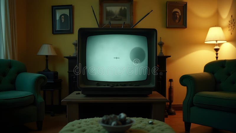 A Vintage Television with Rabbit-ear Antennas, Broadcasting Static in a ...