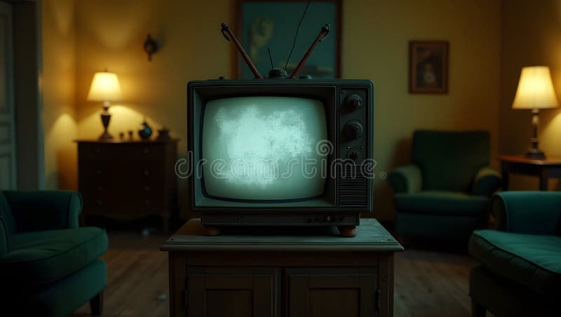 A Vintage Television with Rabbit-ear Antennas, Broadcasting Static in a ...