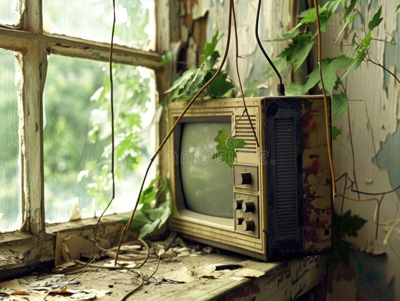 A Vintage Television Set in an Abandoned, Overgrown Room Stock ...