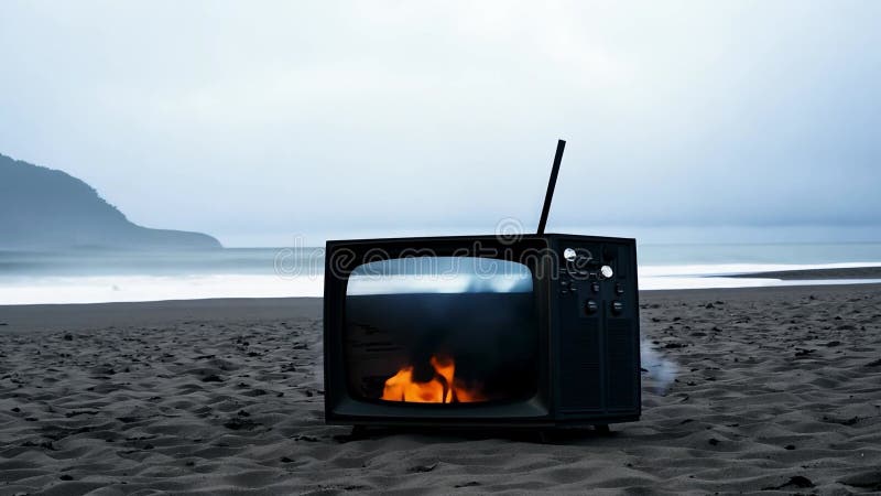 Vintage Tv Engulfed in Flames on a Tranquil Beach Stock Footage - Video ...