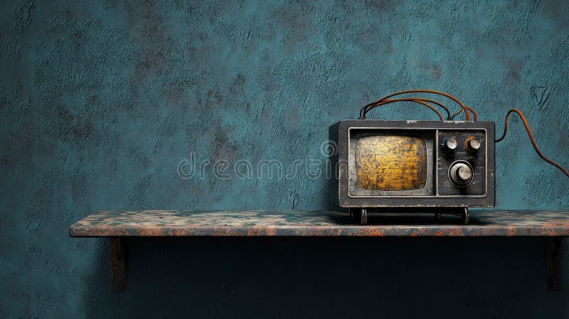 Vintage Television Set on a Rustic Shelf Against a Textured Blue Wall ...