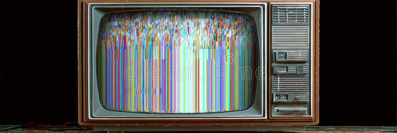 Distorted Vintage Television Displaying Static and Glitch Lines with an Open Right Zone Stock ...