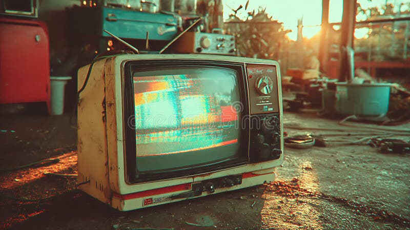 Vintage Television Set with Static on Screen Displayed in a Cluttered ...