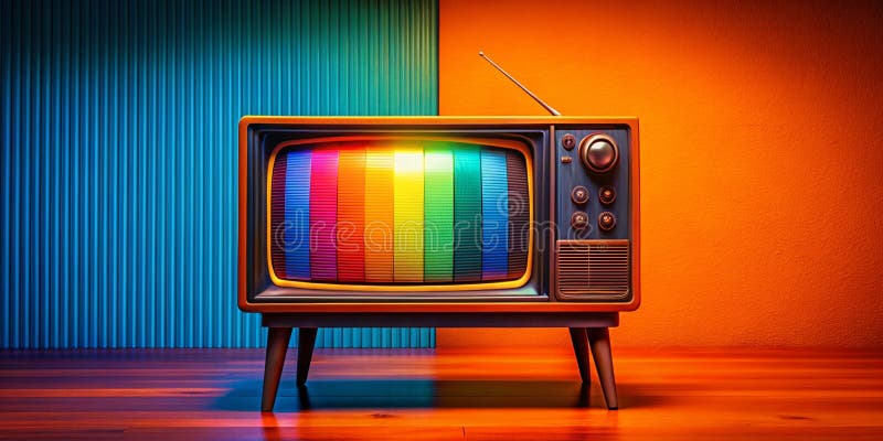 Vintage Television Static in a Vibrant Orange Room a Panoramic View of ...