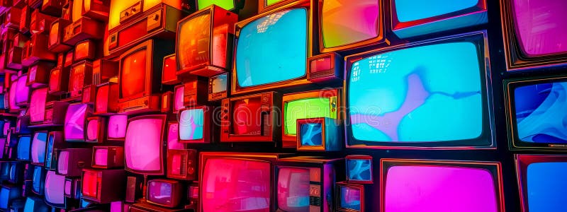 Vintage Television Wall with Colorful Screens Stock Photo - Image of ...
