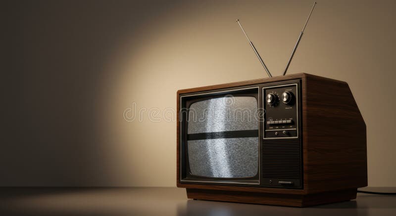 Vintage Television with Wooden Frame Displaying Static in Dimly Lit ...