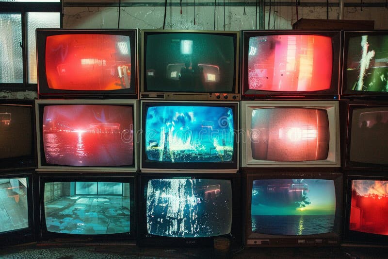 Vintage Televisions with Colorful Glowing Screens Stock Illustration ...
