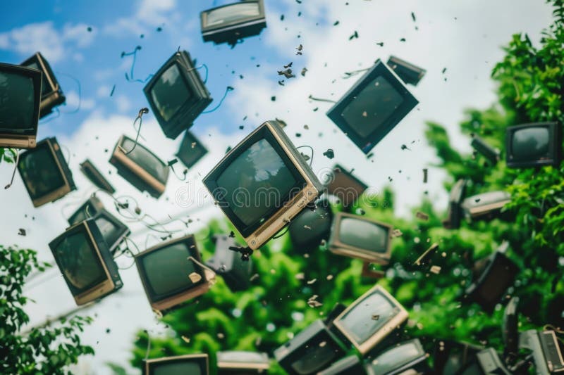 Vintage Televisions Falling from Sky with Trees and Blue Sky Background ...
