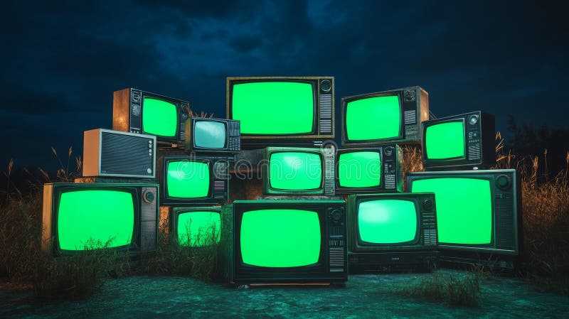Vintage Televisions with Green Screens Stacked Outdoors Under Night Sky ...