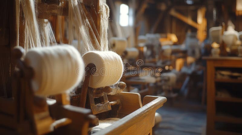 Vintage Textile Workshop with Spinning Wheels and Yarn in Cozy Historic ...