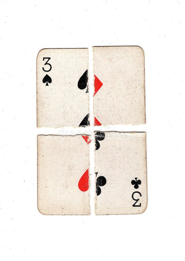 A Vintage Three Playing Card Made Up of Four Torn Pieces. Stock ...