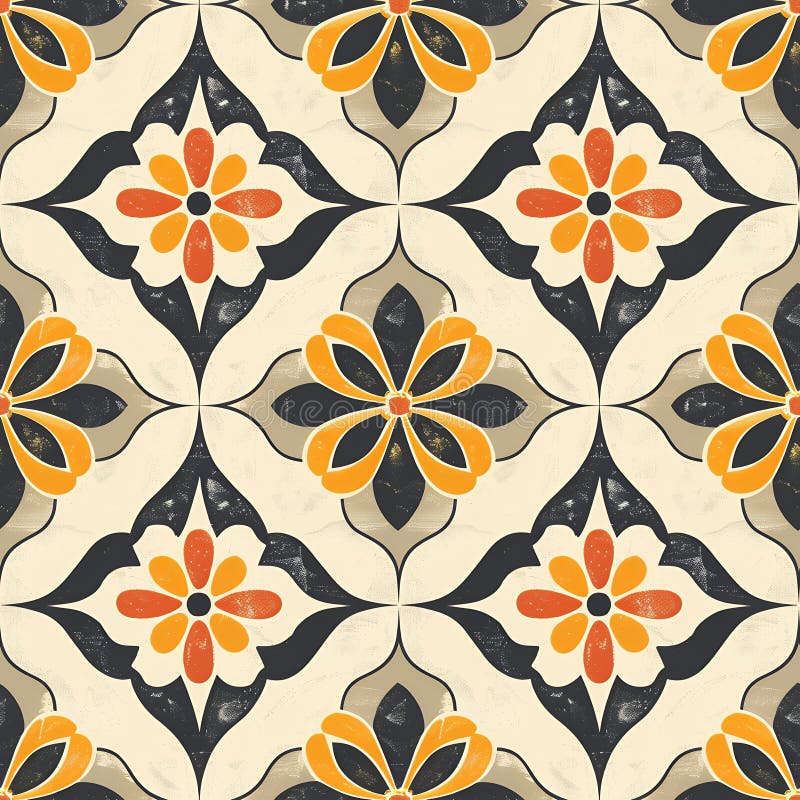 A Vintage Tile Pattern Featuring Yellow Orange and Black Floral Designs ...