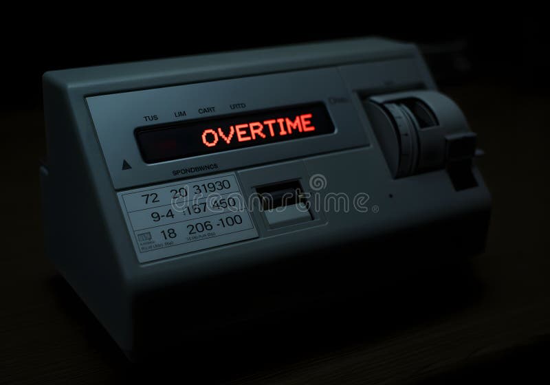 A Vintage Time Clock with a Digital Display Shows the Word "OVERTIME ...
