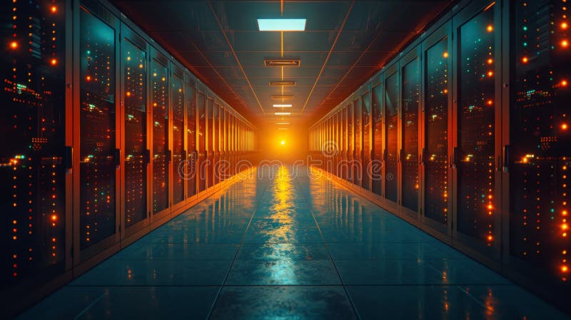Vintage-toned Image of Empty Server Room Filled with Rows of Blinking ...