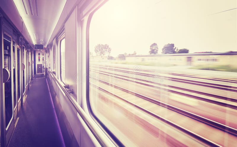 Vintage Toned Train Window with Blurred Rails Outside. Stock Photo ...