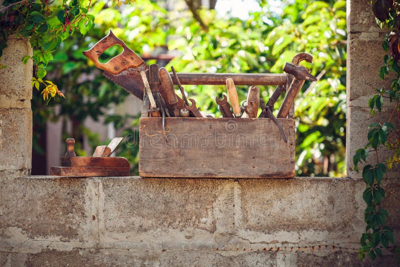 Vintage Tool Box Stand on Table Green Background Stock Photo - Image of ...