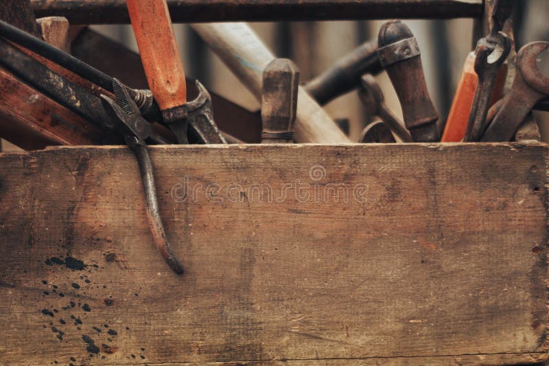 Vintage Tool Box on Wood Background Stock Image - Image of measure ...