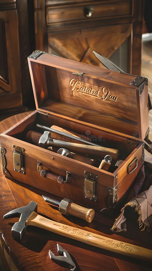 Vintage Toolbox with Engraved Tools Displayed on Wooden Table ...