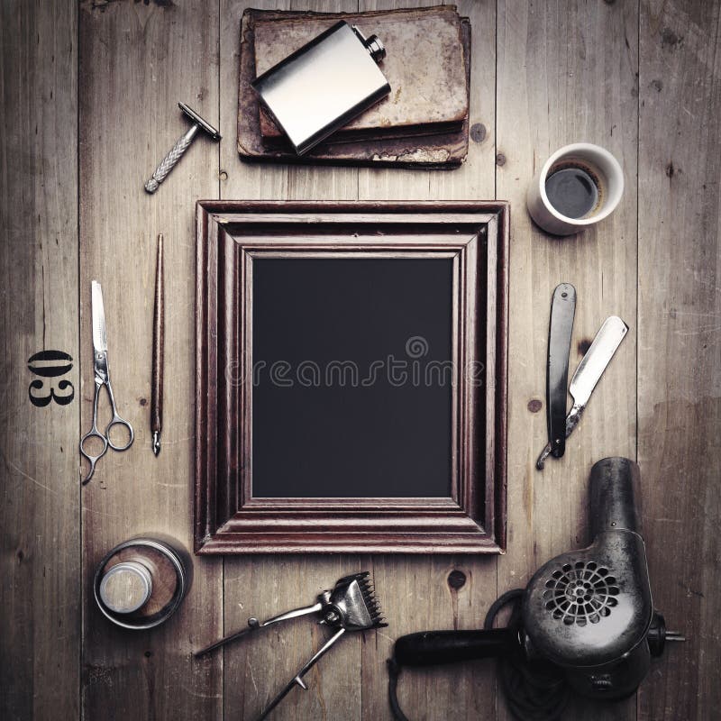 Vintage Tools of a Barber with Picture Frame Stock Image - Image of ...
