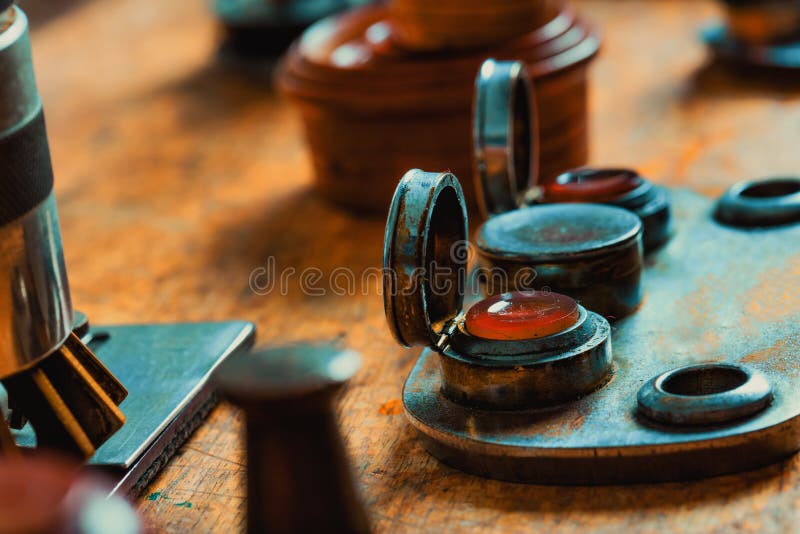 Vintage Tools on Display on an Old Watchmakers Workbench Stock Image ...