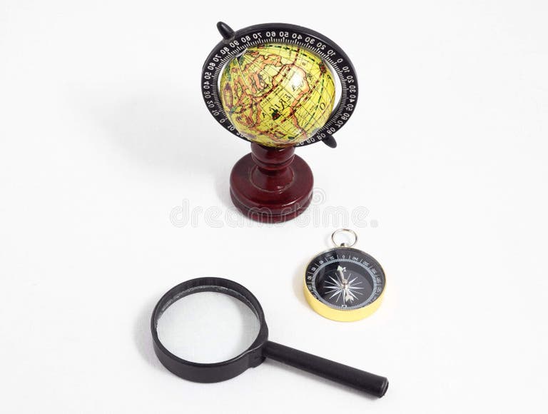 Vintage Tools Globe Compass and Loupe Stock Photo - Image of magnify ...