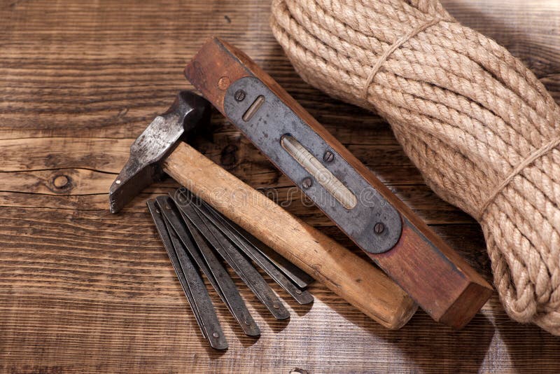 Vintage Tools Hammer, Ruler and Level Stock Photo - Image of construct ...