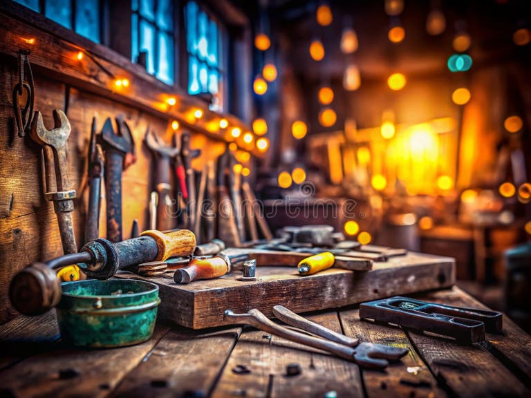 Vintage Tools on a Rustic Workbench a Glimpse into the Past in a Charming Shed Workshop Stock ...