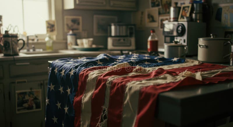 Vintage Torn American Flag Draped Over Kitchen Table in Rustic Interior ...