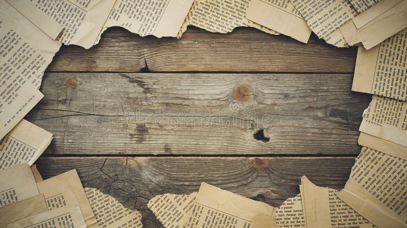 Vintage Torn Book Pages Framing Rustic Wooden Surface Background for ...