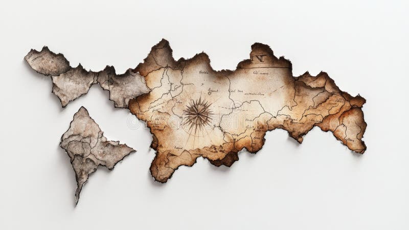 Vintage Torn Map Illustration Highlighting Geographic Features and an ...