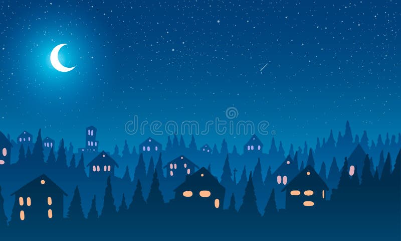 Vintage Vector Town at Night. Bright Moon and Shooting Star. Stock ...