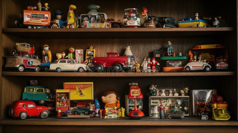 Vintage Toy Collection on Wooden Display Shelf Stock Illustration ...
