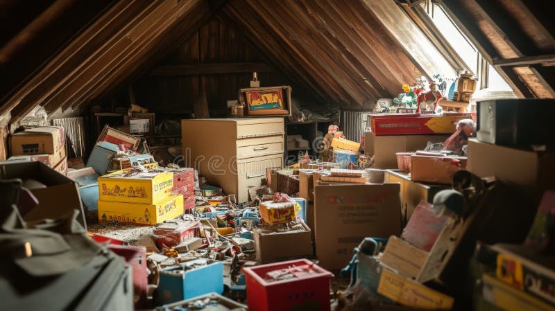 Vintage Toys and Boxes in a Dusty Attic Storage Space Stock ...