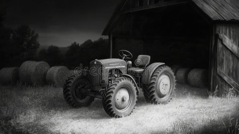Vintage Tractor in Black and White Near Old Barn at Twilight Stock ...