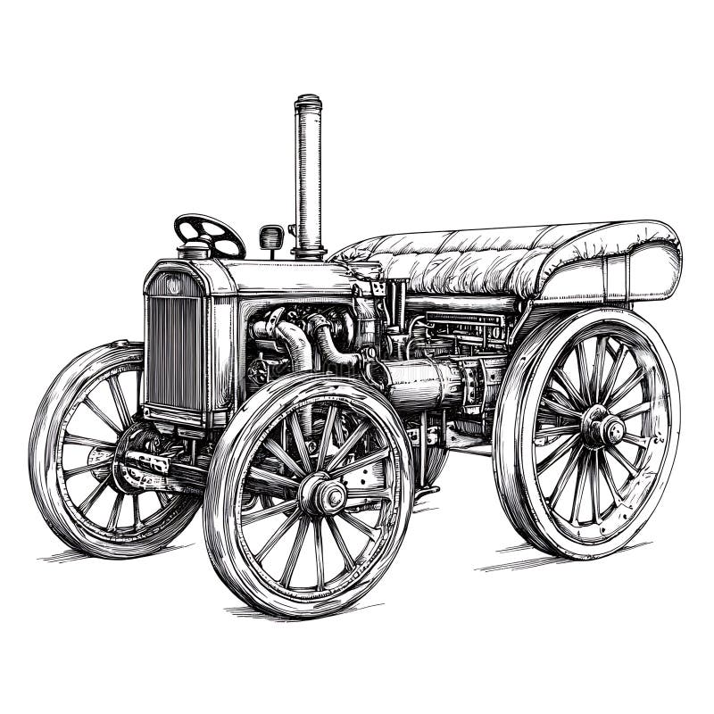 Vintage Tractor Illustration, Monochrome Drawing Stock Illustration ...