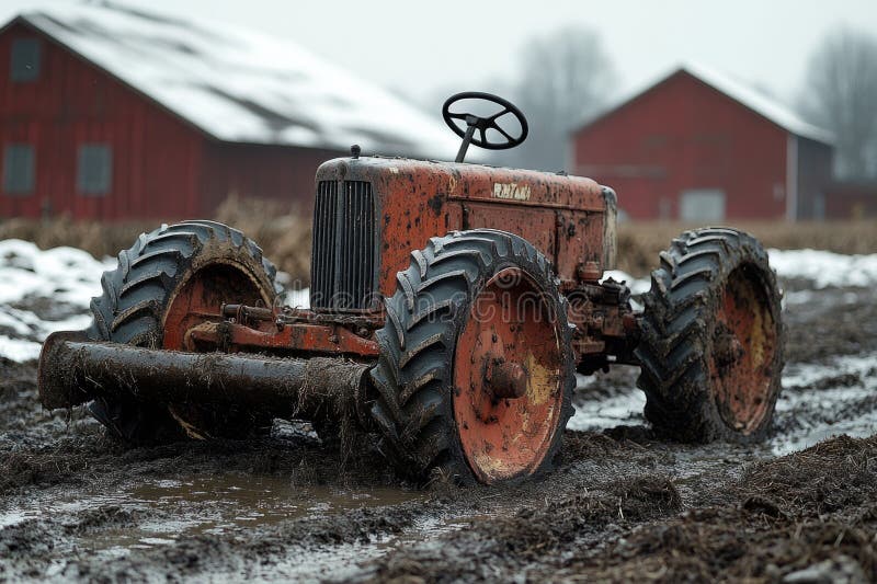 A Vintage Tractor Stuck in Muddy Terrain Outside a Rustic Barn Stock ...