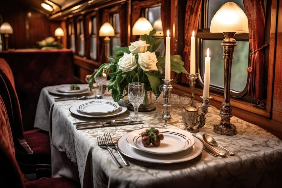 Vintage Train Dining Car with Elegant Table Setting Stock Illustration ...