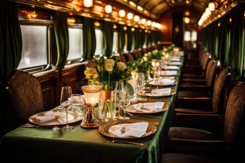 Vintage Train Dining Car with Elegant Table Settings Stock Illustration ...