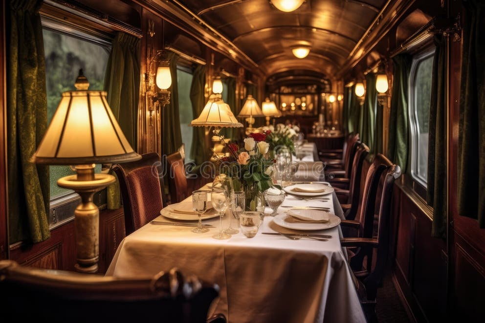 Vintage Train Dining Car with Elegant Table Settings Stock Illustration ...