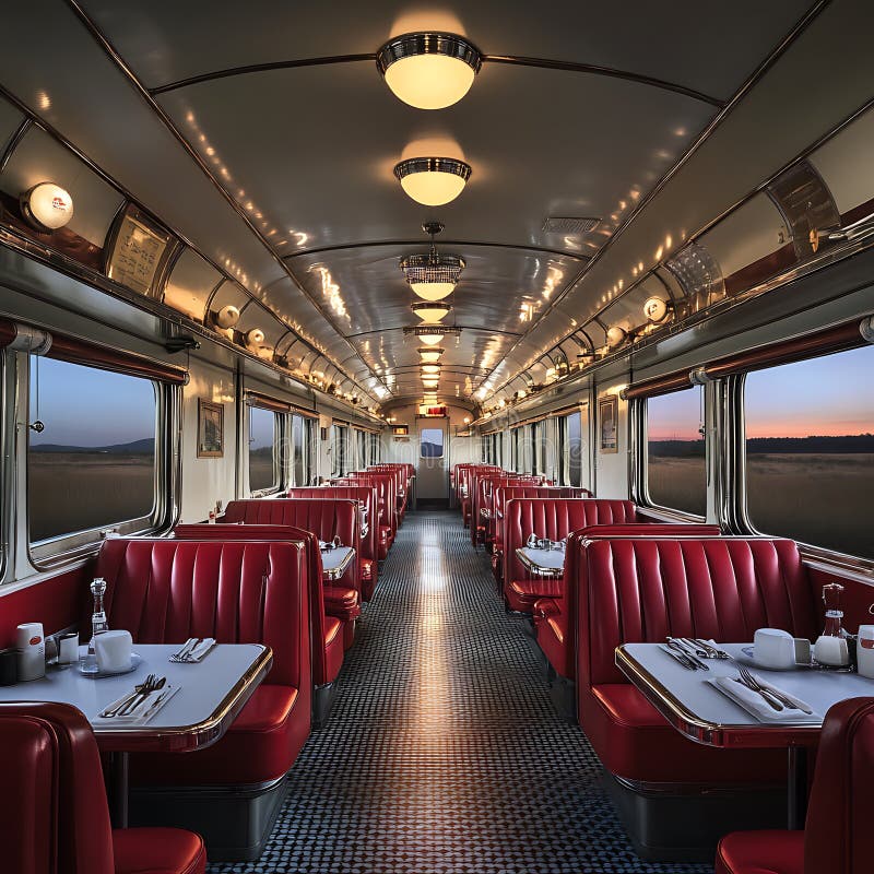 Vintage Train Dining Car Interior with Sunset View Stock Illustration ...